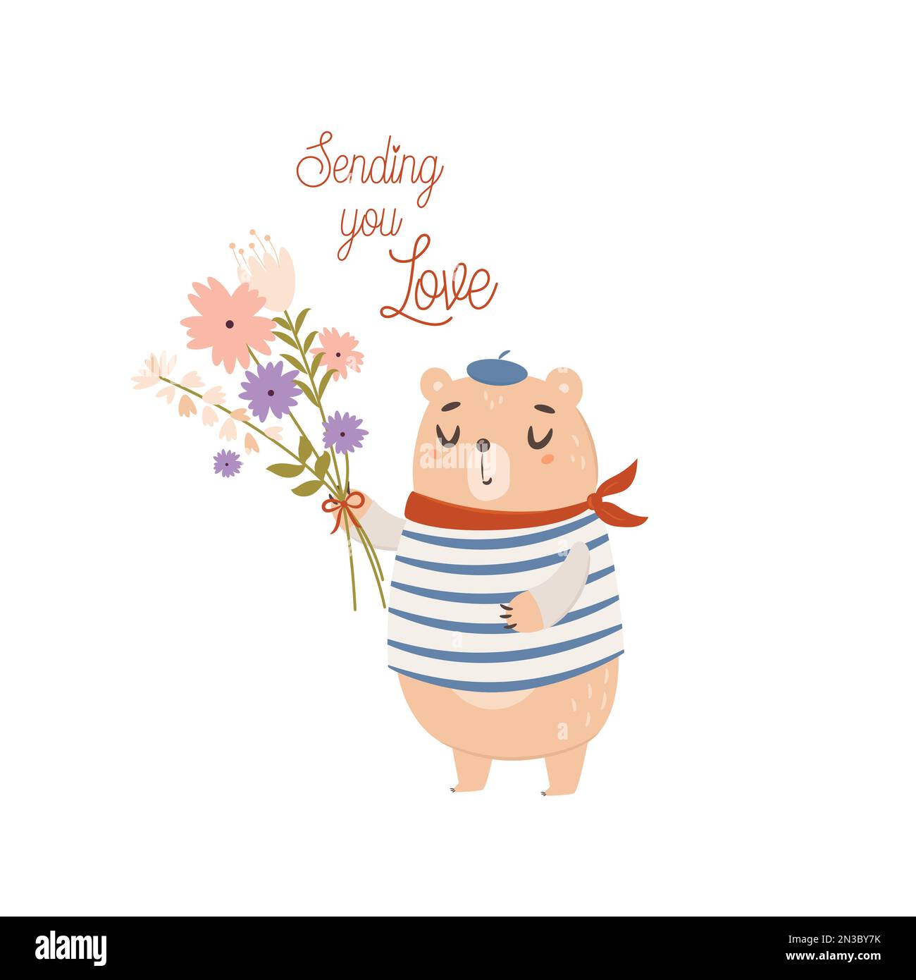 Sending you love. Cute bear with flowers. Valentine's day card concept ...