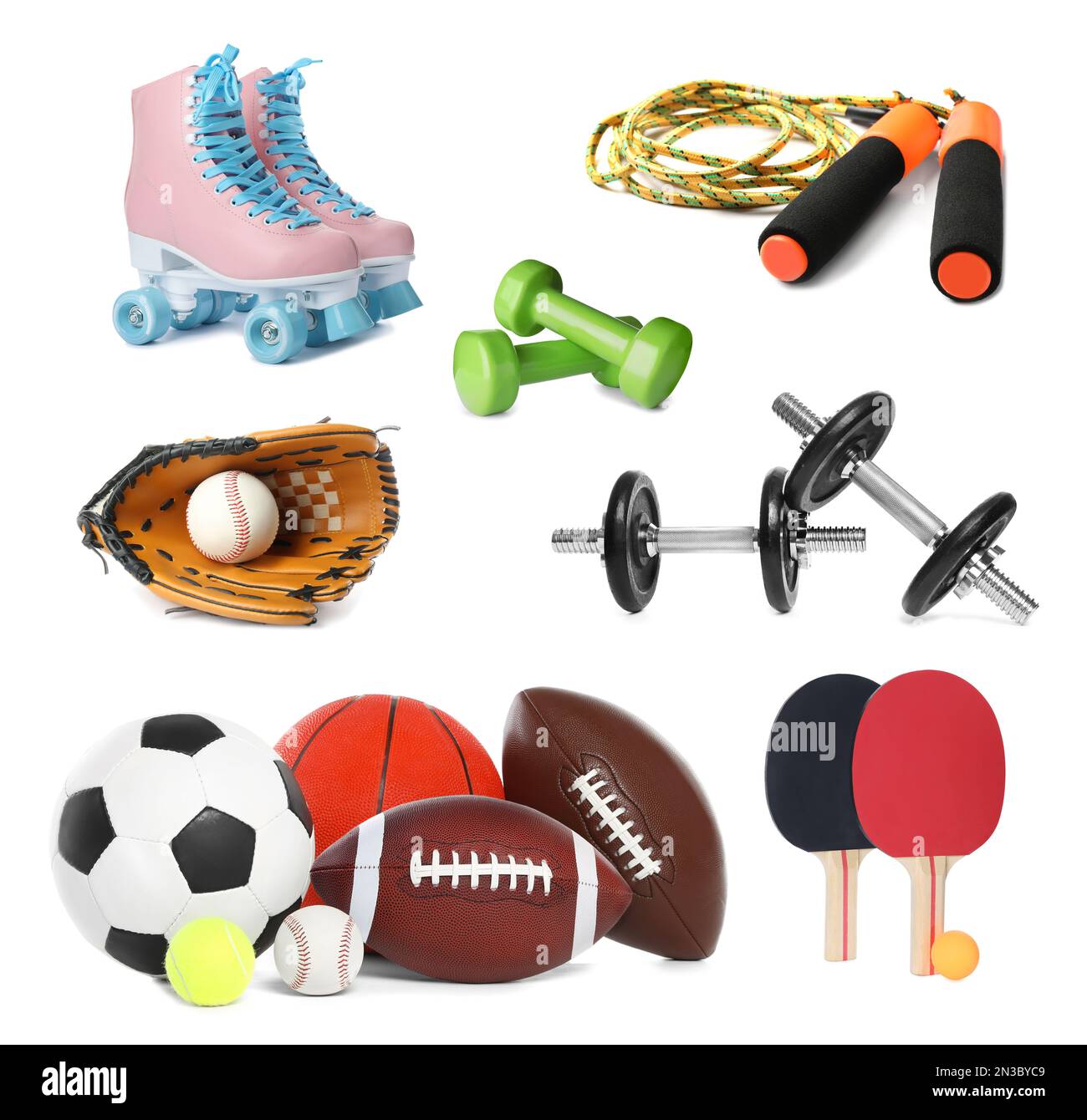 Set of different sport equipment on white background Stock Photo - Alamy