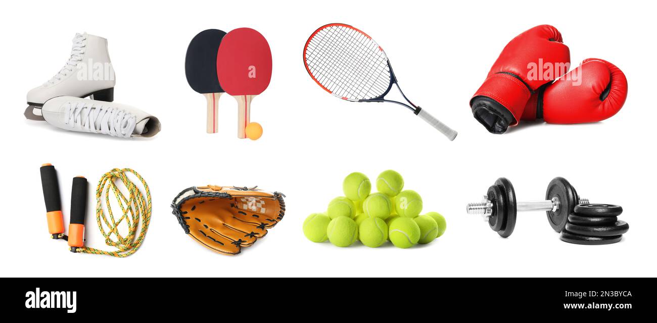 Set of different sport equipment on white background. Banner design ...