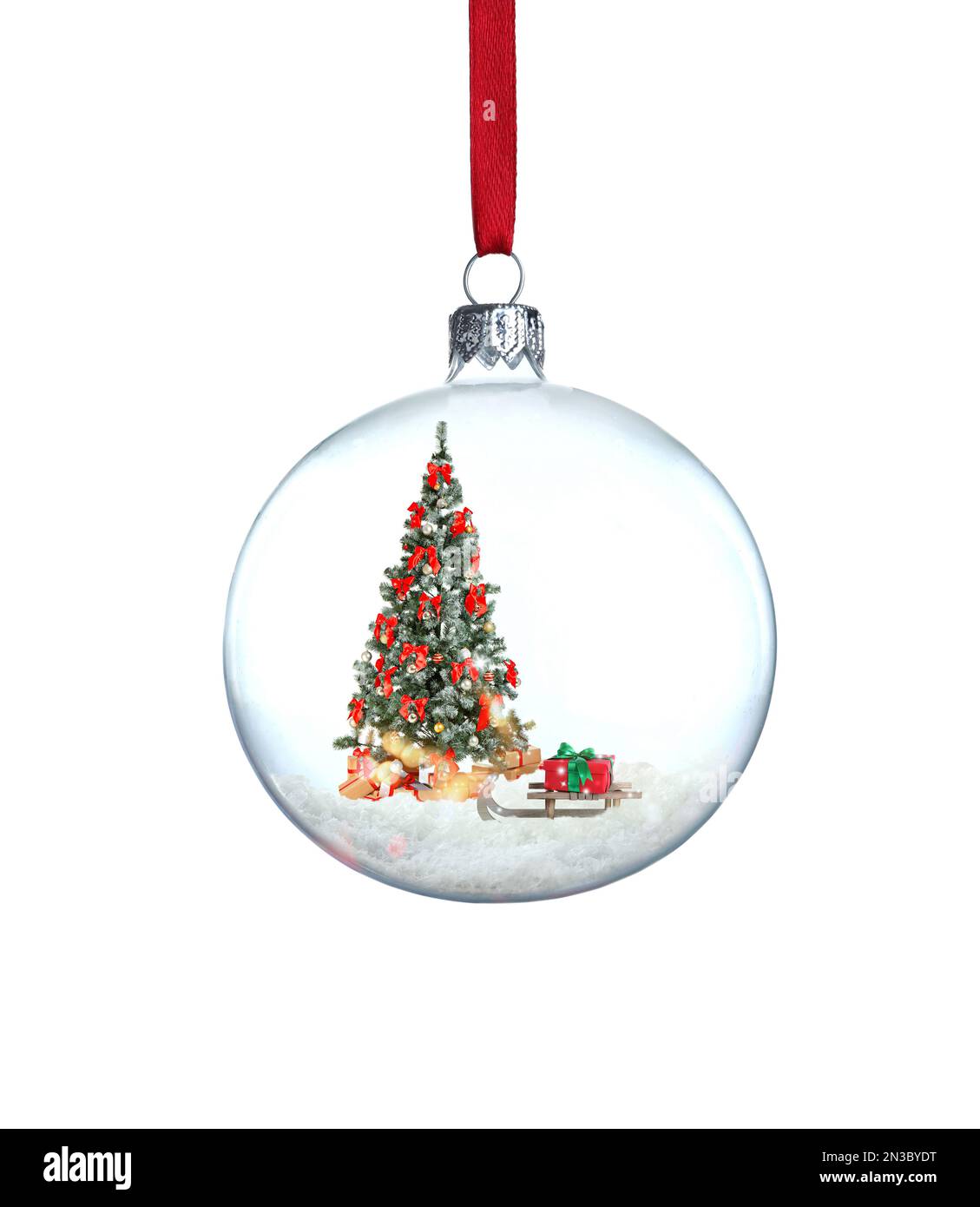 Beautiful glass ball with Christmas tree and gifts isolated on white ...