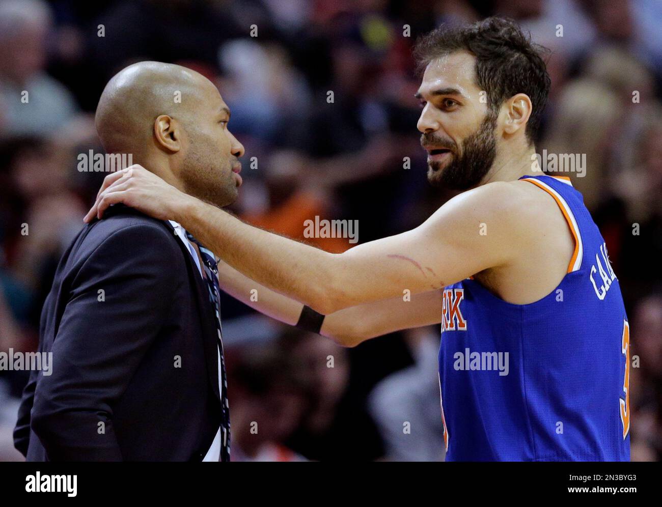 New York Knicks guard Jose Calderon (3) talks with head coach Derek ...