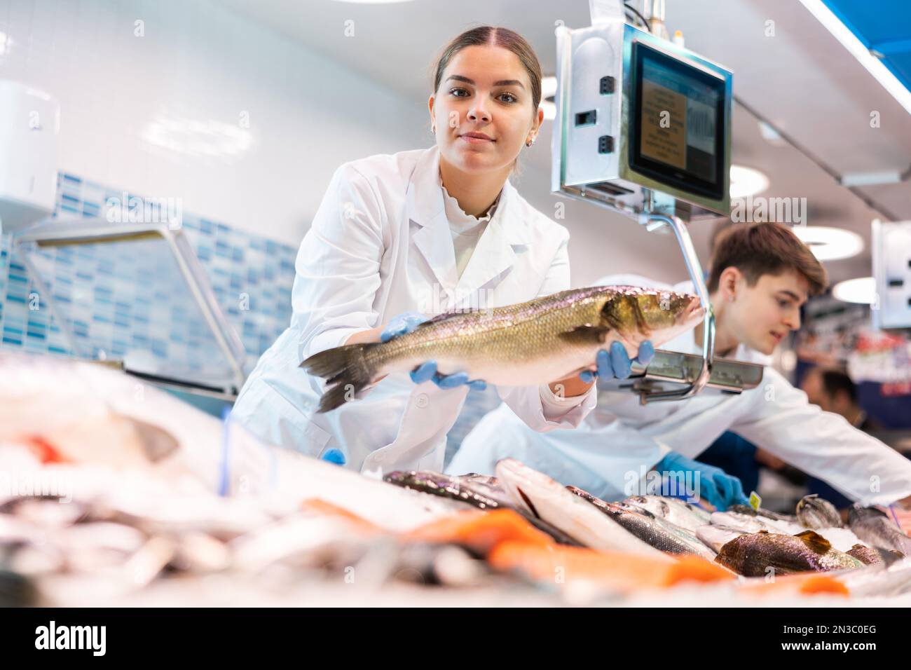 Positive saleswoman demonstrating seabass in fish store Stock Photo - Alamy