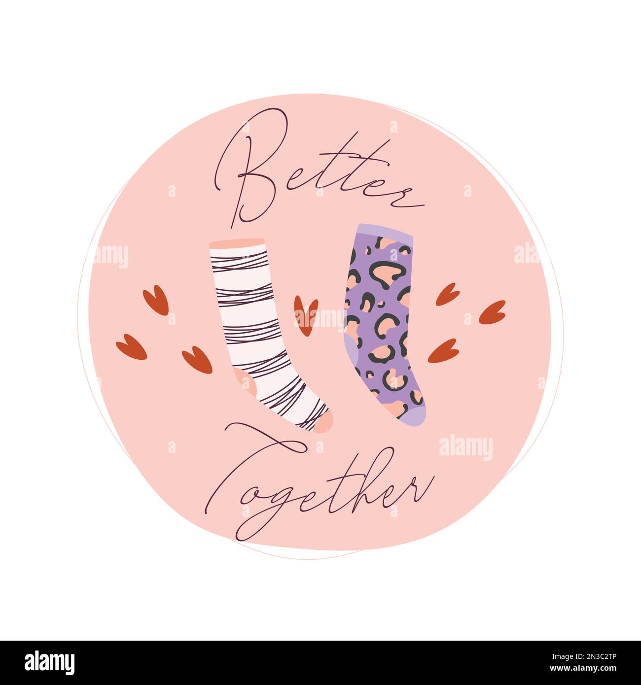 Better together. Pair of socks with cute pattern. Valentine's day card ...