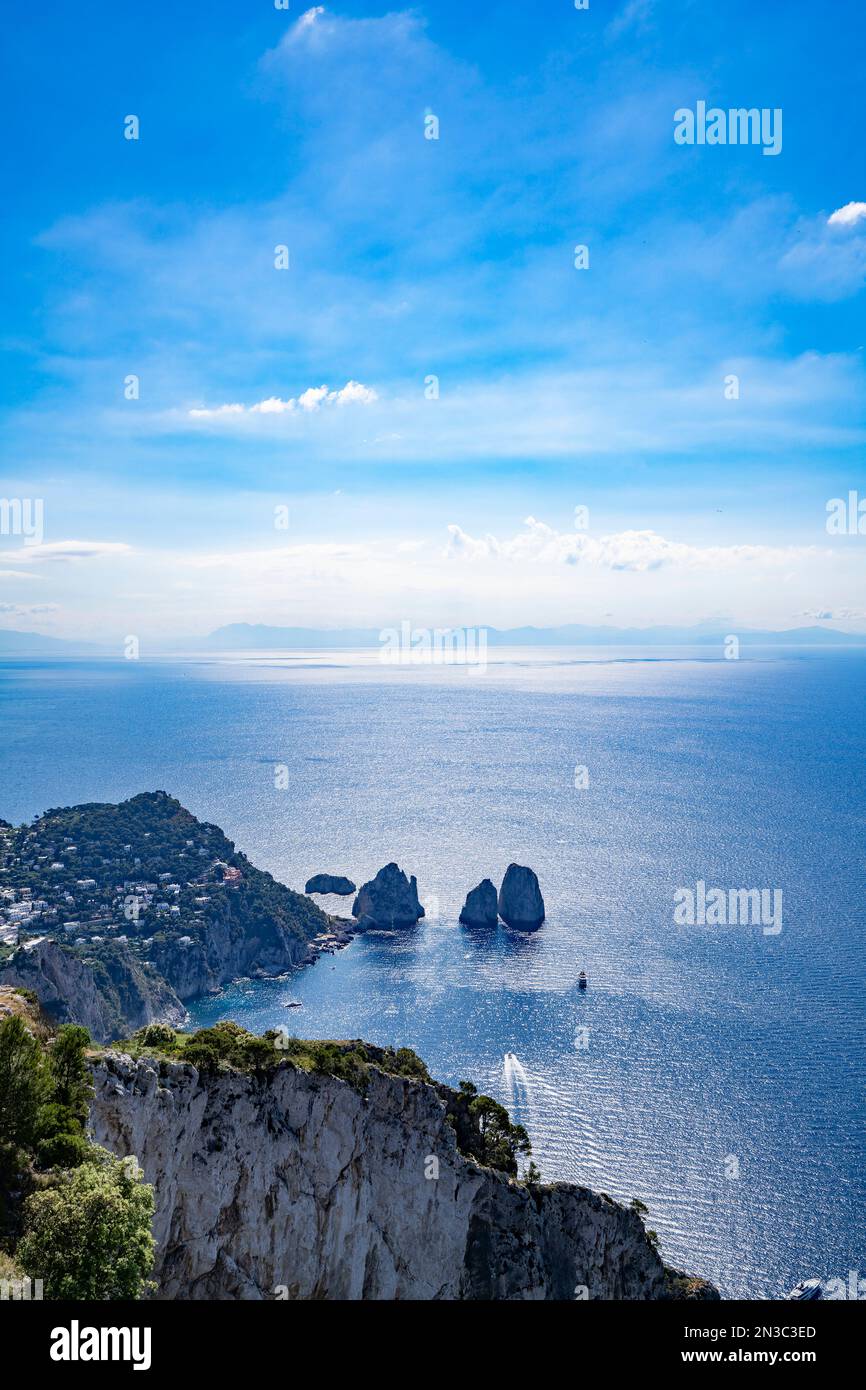 View of Faraglioni Bay and rock formations from Monte Solaro on the ...
