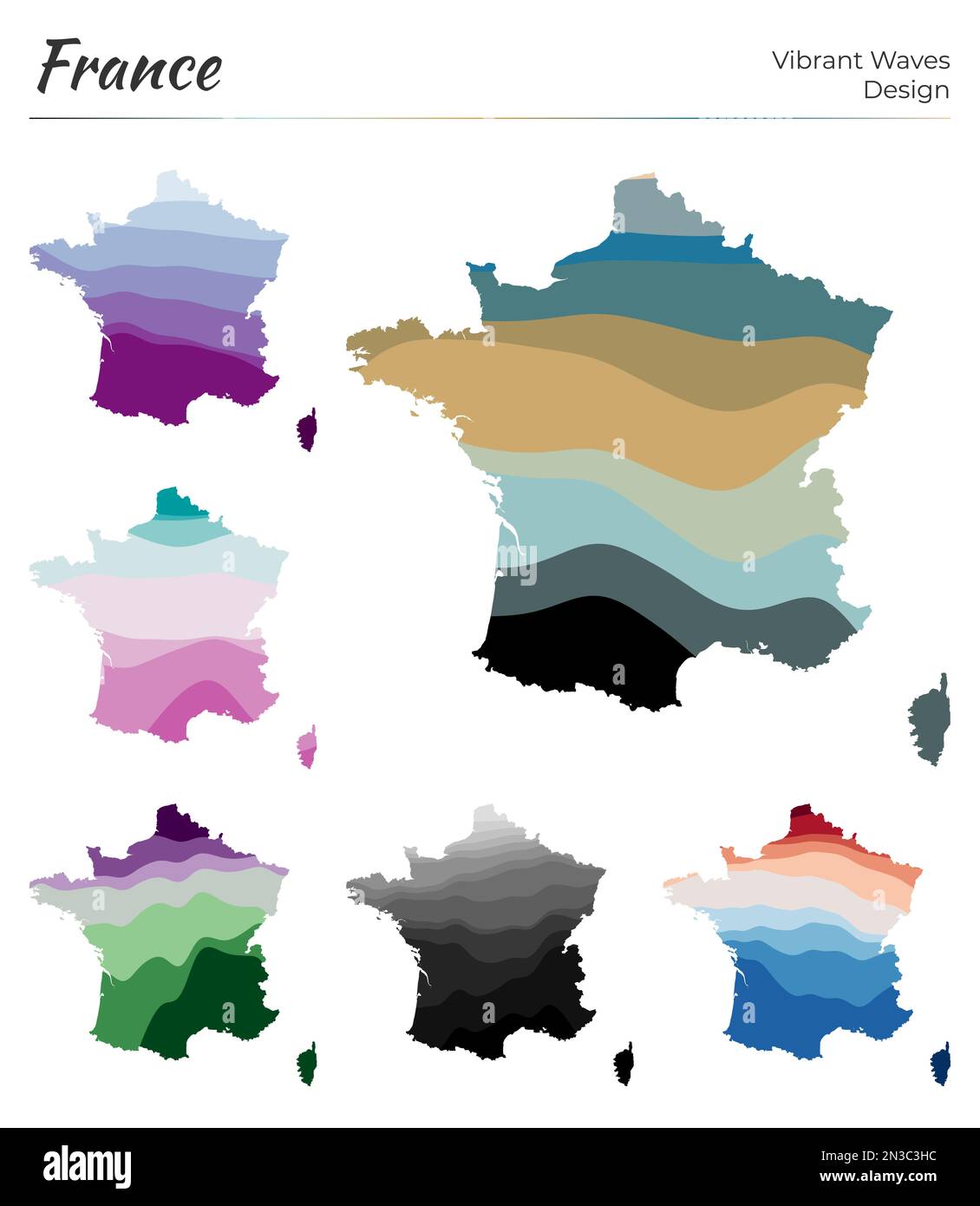 Set of vector maps of France. Vibrant waves design. Bright map of ...