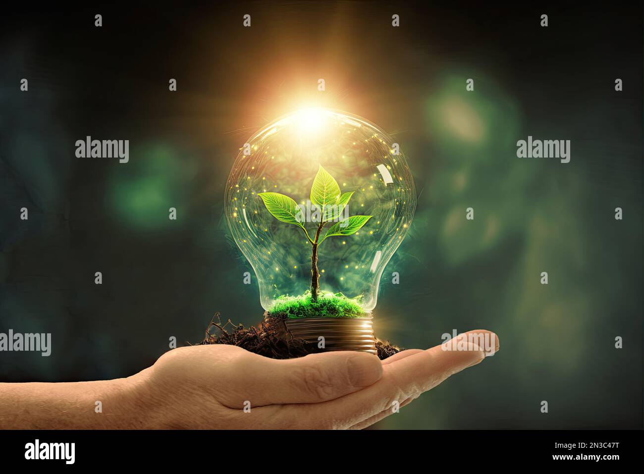 human hand holding a light bulb with a plant sprout inside. Concept of ...