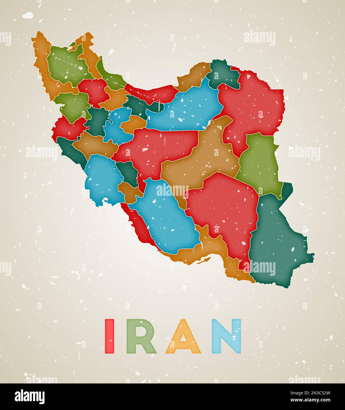 Iran map. Country poster with colored regions. Old grunge texture ...