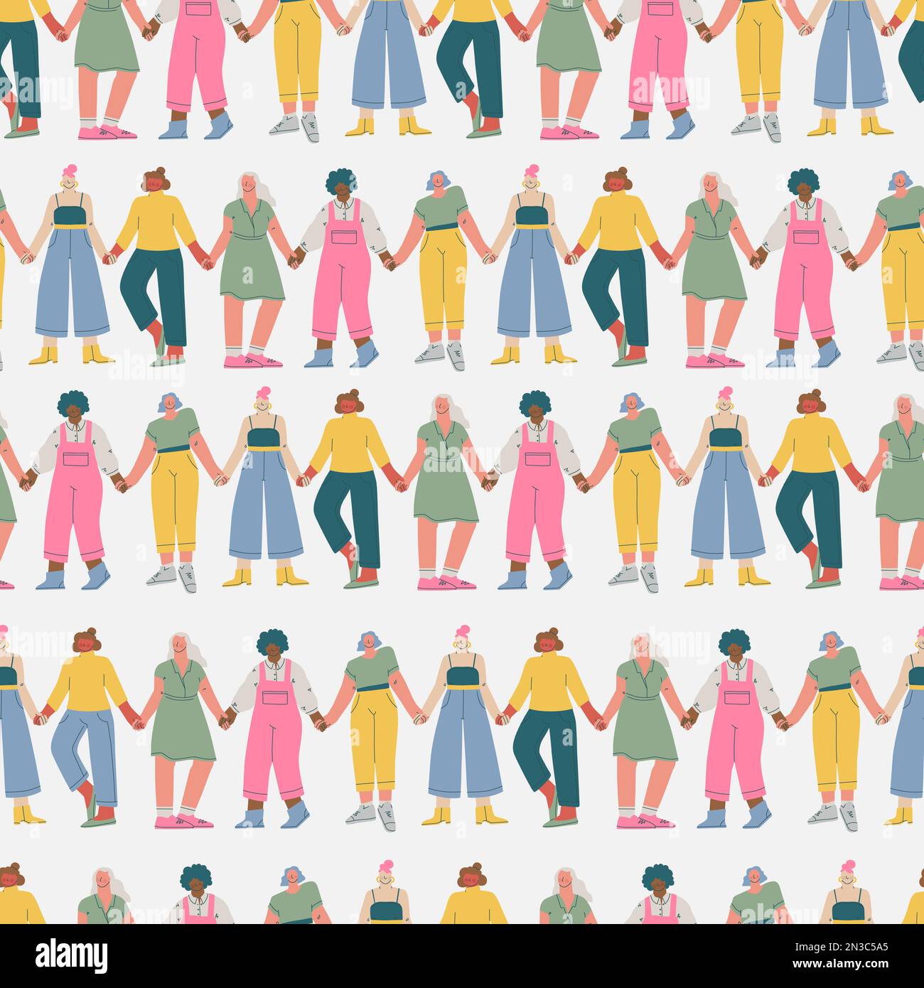 Vector Seamless Pattern Multiethnic Different Women Holding Hands