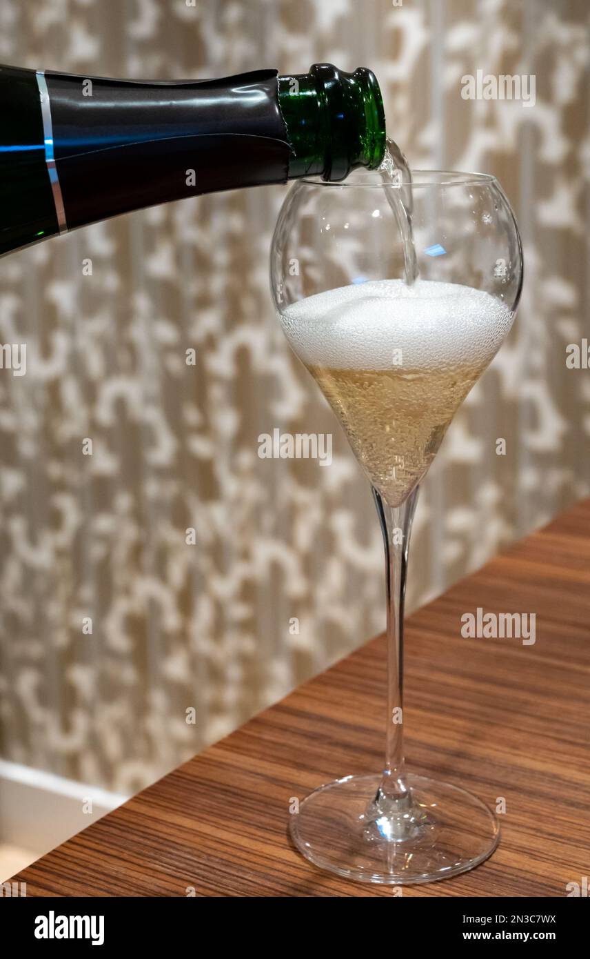 Tasting glass with cold brut Champagne sparkling wine in cellars of ...