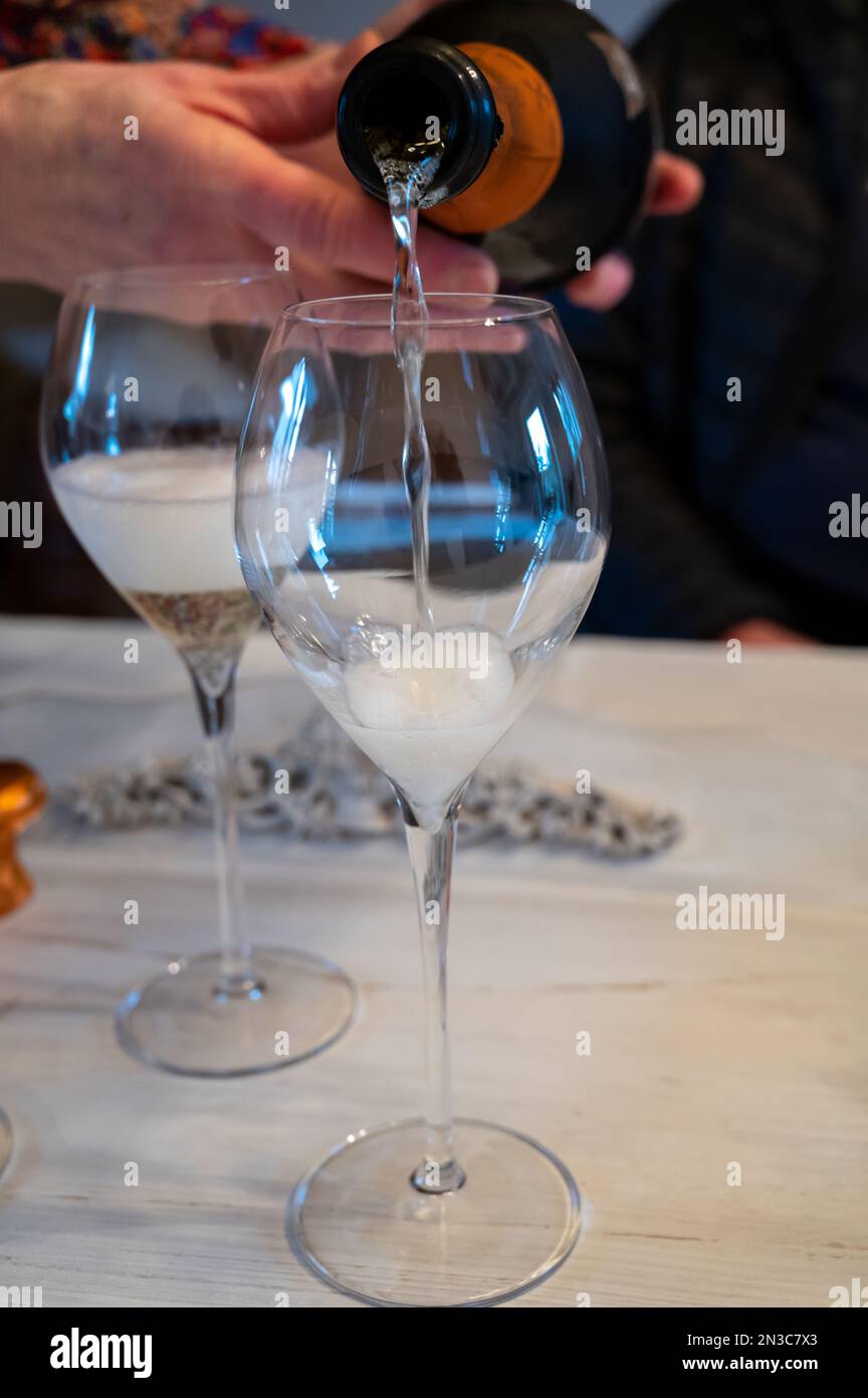 Tasting glass with cold brut Champagne sparkling wine in cellars of ...