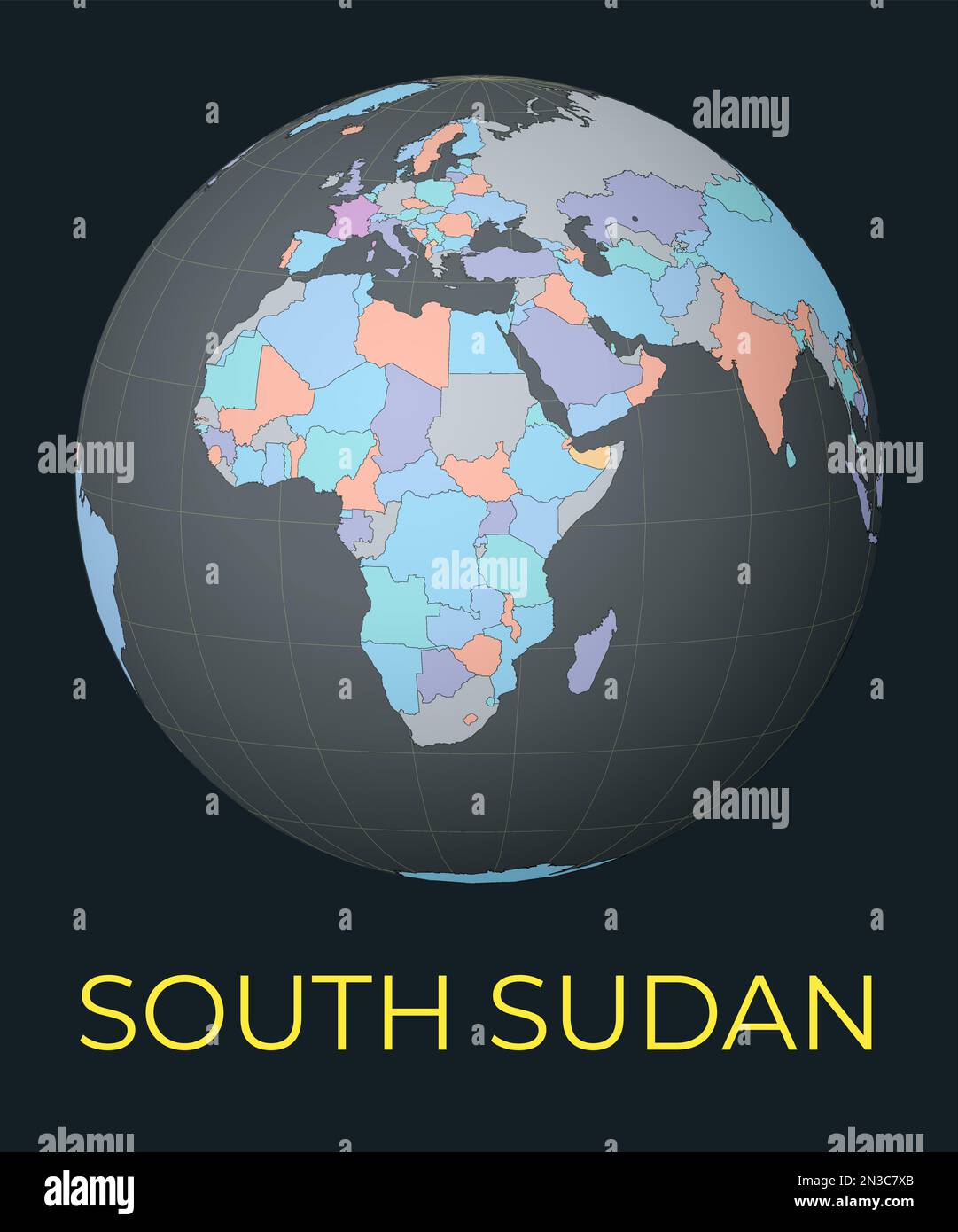 World map centered to South Sudan. Red country highlighted. Satellite world view centered to ...