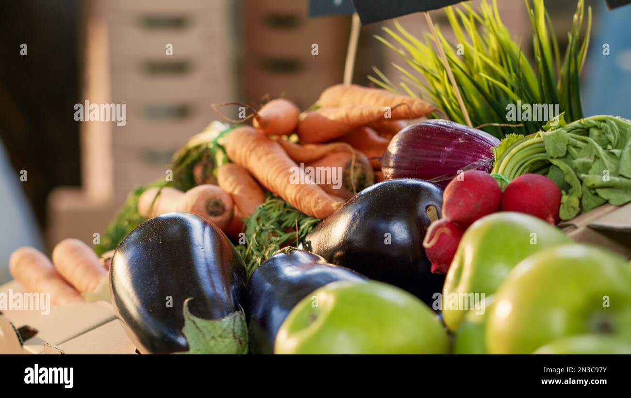 Small business shop with fruits and veggies grown in garden on display ...