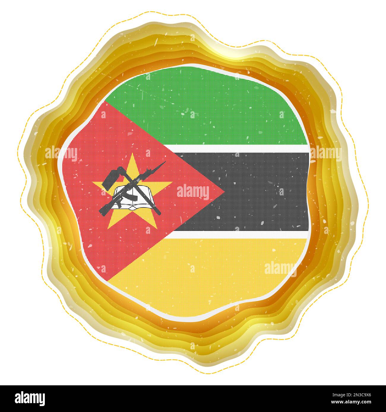 Mozambique flag in frame. Badge of the country. Layered circular sign around Mozambique flag ...