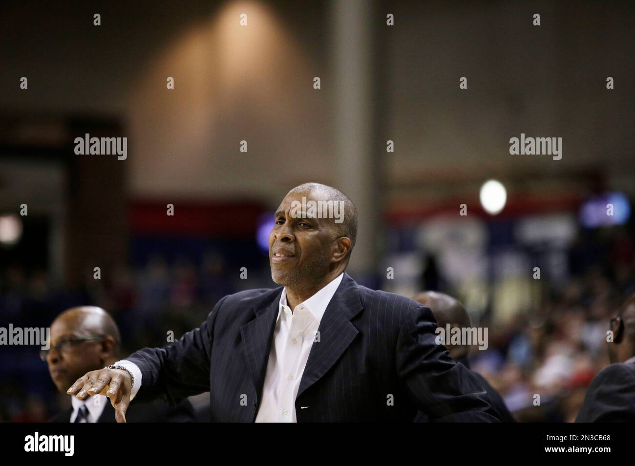 Texas Southern head coach Mike Davis talks to his team during the first ...