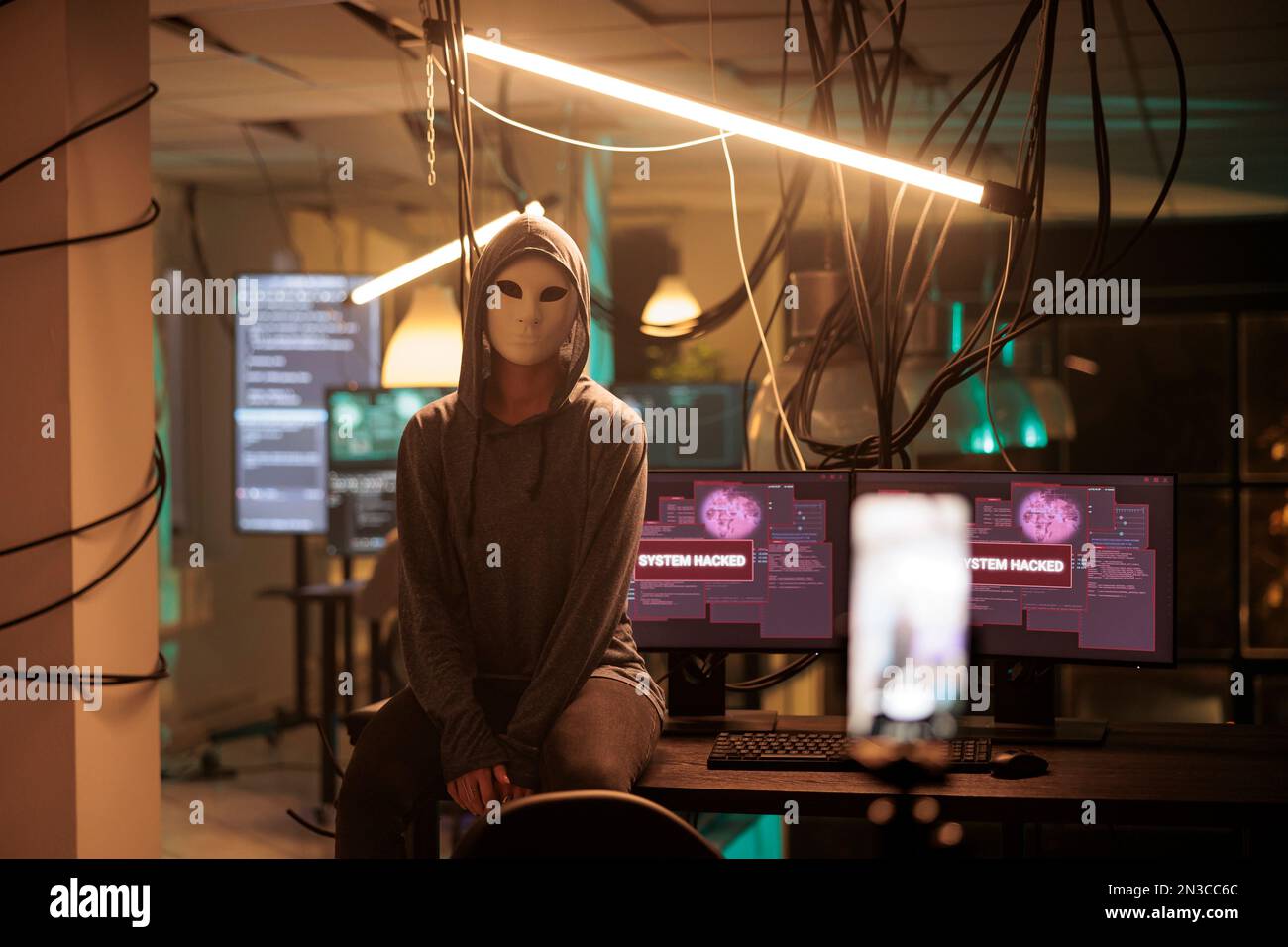 Anonymous hacker attacking database server portrait, cybercrime. Computer system hacking ...