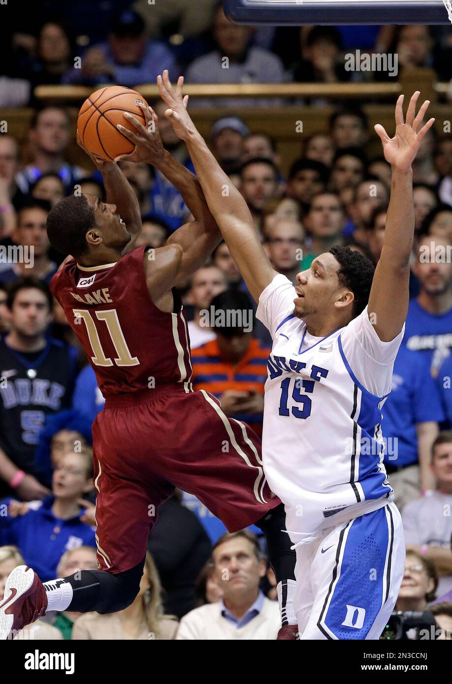 Duke's Jahlil Okafor (15) defends as Elon's Kevin Blake (11) shoots ...