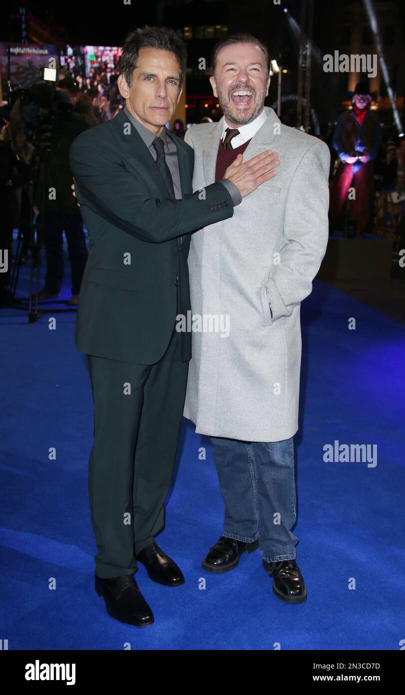 Actors Ben Stiller, left and Ricky Gervais pose for photographers upon ...