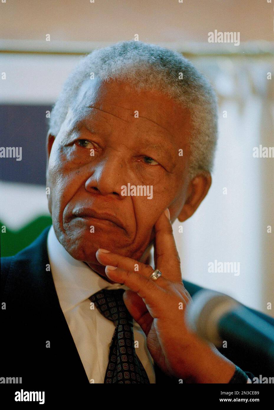 South African President Nelson Mandela talks to reporters in Ushuaia ...
