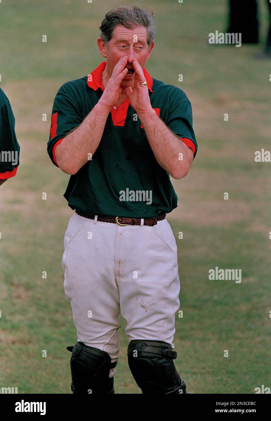 Britain's Prince Charles yells from the sidelines during a charity polo ...