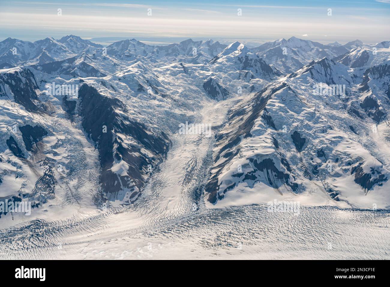 Aerial view of the blue sky over the stunning landscape of Kluane ...