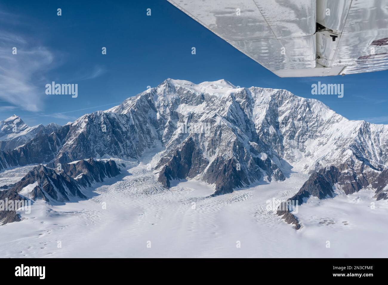 Aerial view of the famous Mount Logan from an airplane within the stunning landscape of Kluane ...