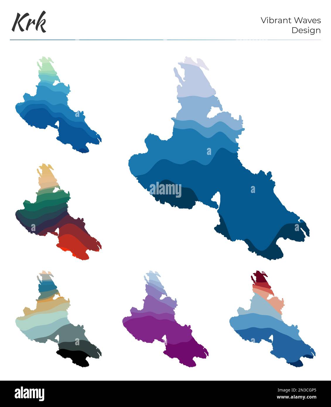 Set of vector maps of Krk. Vibrant waves design. Bright map of island ...