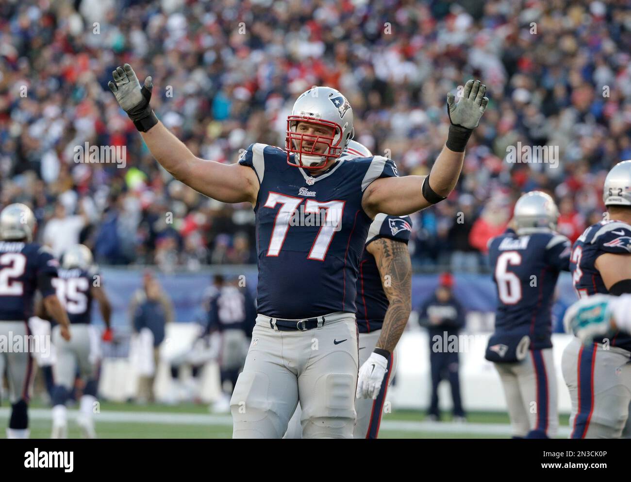 New England Patriots tackle Nate Solder (77) reacts in the second half ...