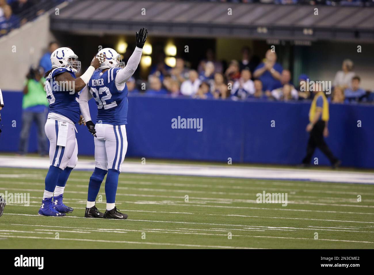 Indianapolis Colts outside linebacker Bjoern Werner, right, celebrates ...