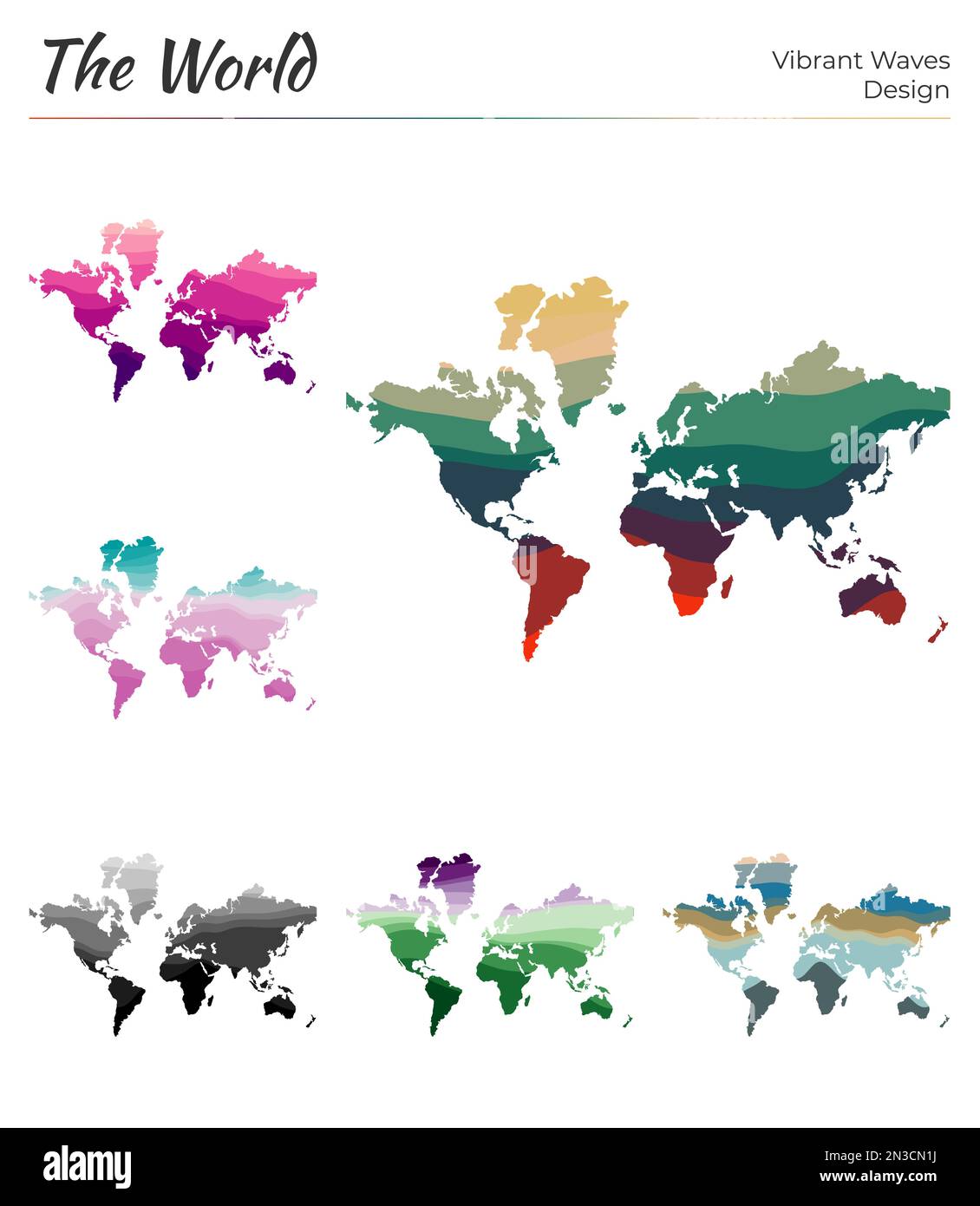Set of vector maps of The World. Vibrant waves design. Multicolored The ...