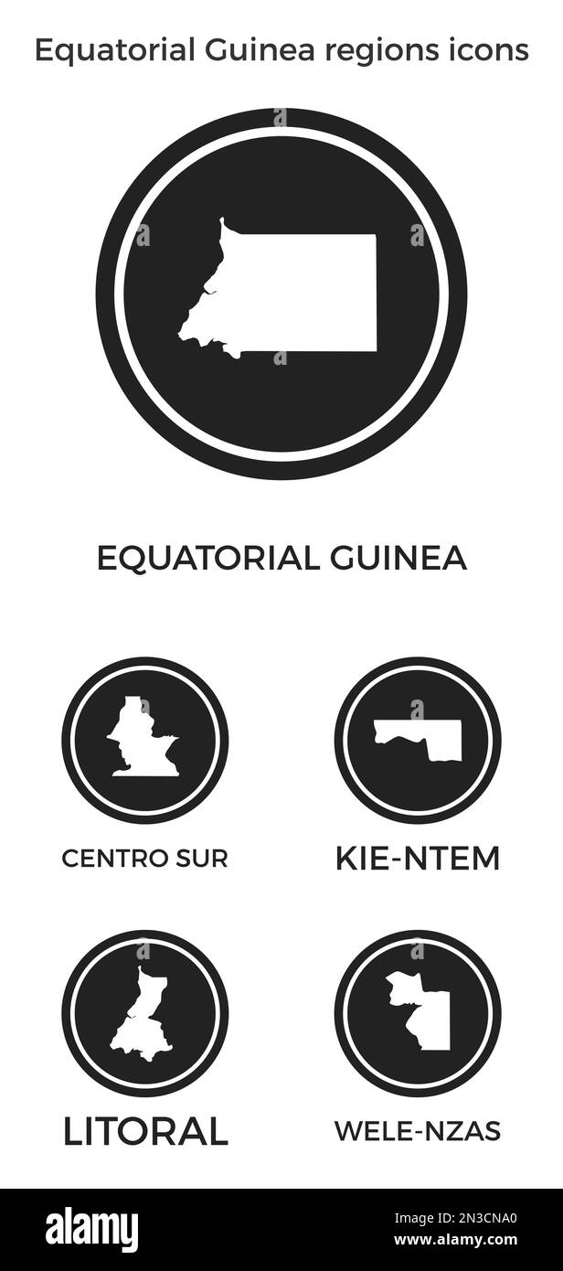 Equatorial Guinea regions icons. Black round logos with country regions ...