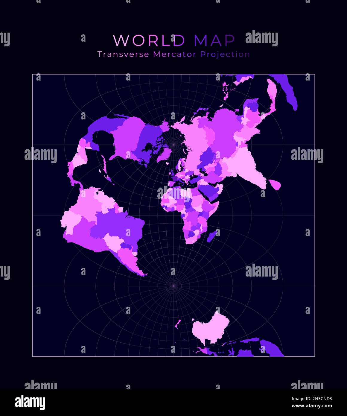World Map. Transverse spherical Mercator projection. Digital world ...
