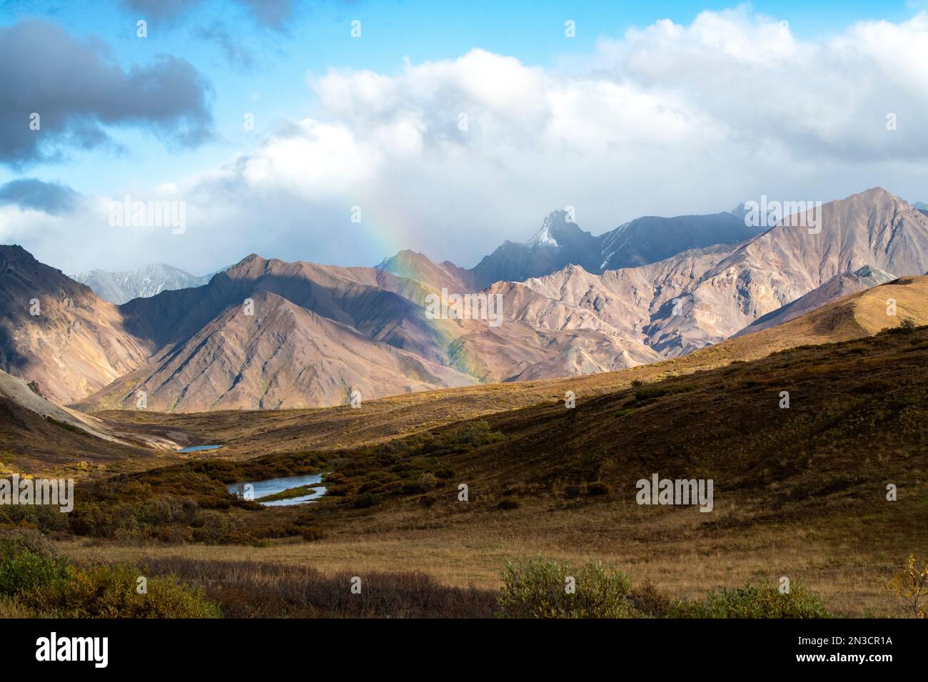 Brilliant rainbow and rugged mountains near Sable Pass; Denali National ...