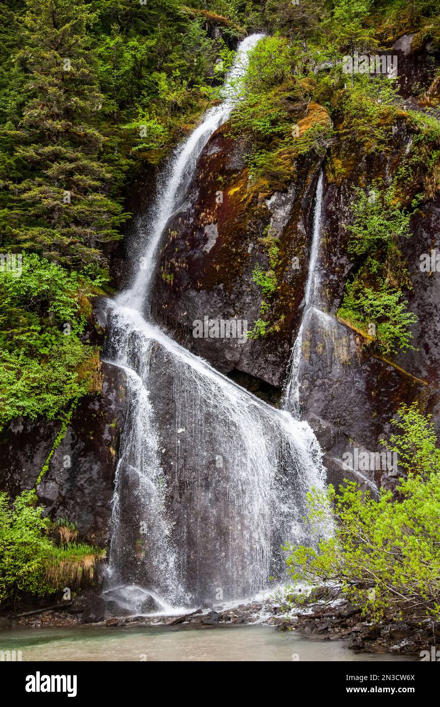 Small waterfall flowing over a rocky cliff side with fresh, green ...