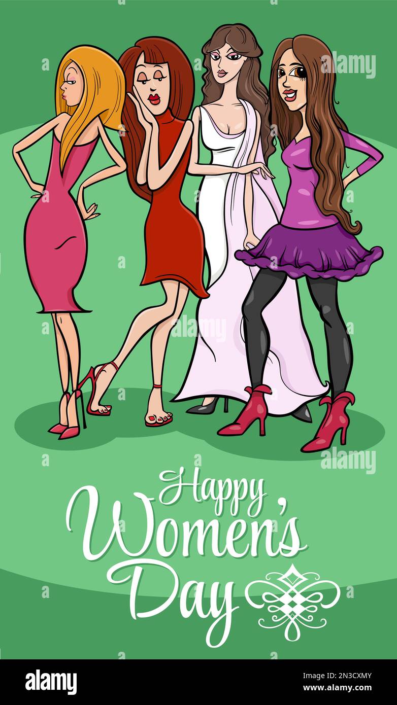 Women's Day greeting card design with cartoon bautiful women characters ...
