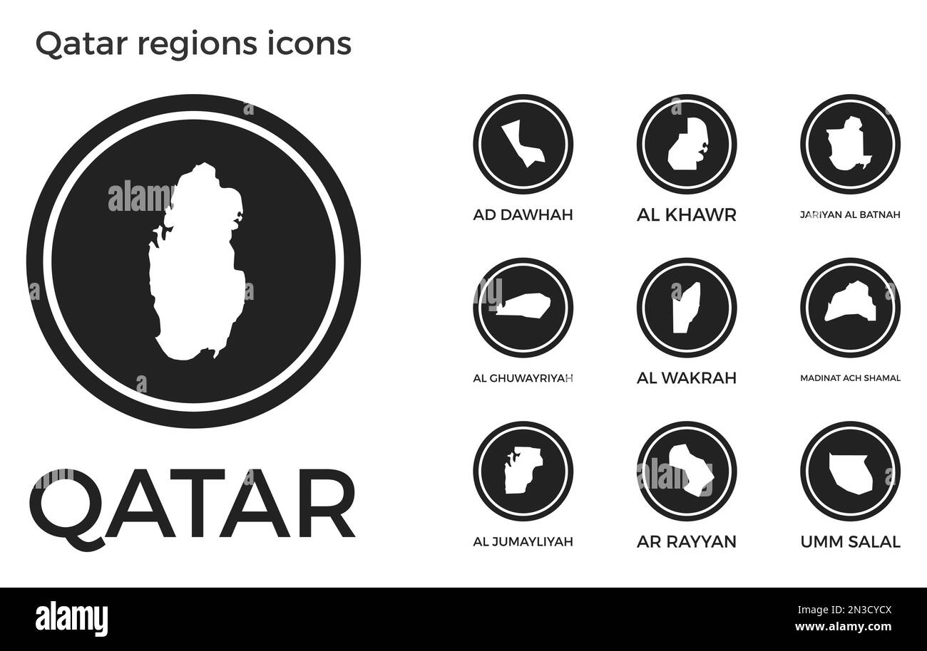Qatar regions icons. Black round logos with country regions maps and ...