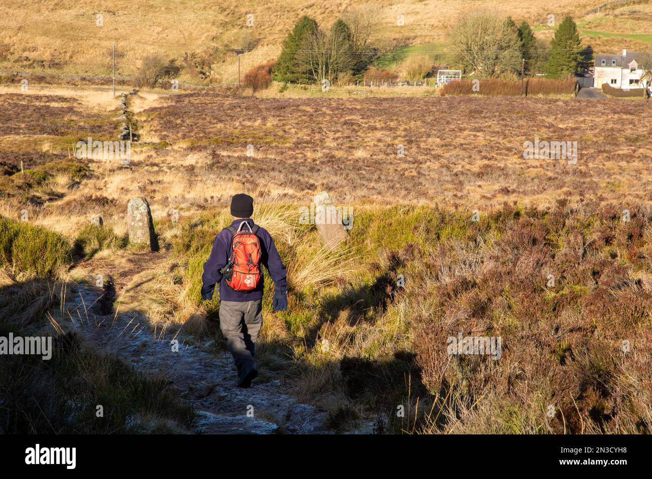 Man walking backpacking in the English Peak District near the village ...