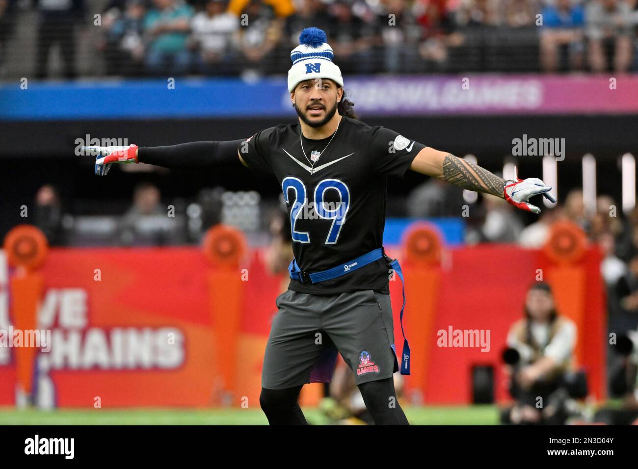 NFC strong safety Talanoa Hufanga (29) of the San Francisco 49ers looks ...