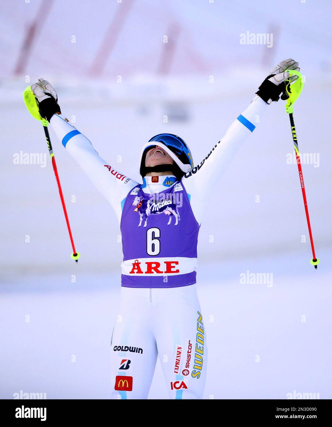 Maria Pietilae-Holmner celebrates after winning an alpine ski, women's ...