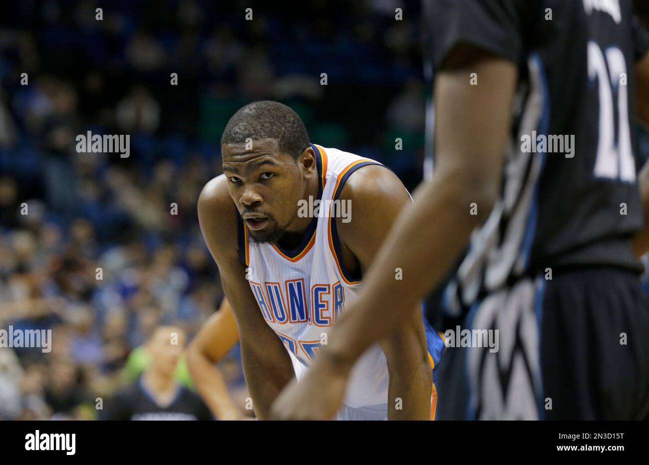 Oklahoma City Thunder forward Kevin Durant (35) stands during a free ...