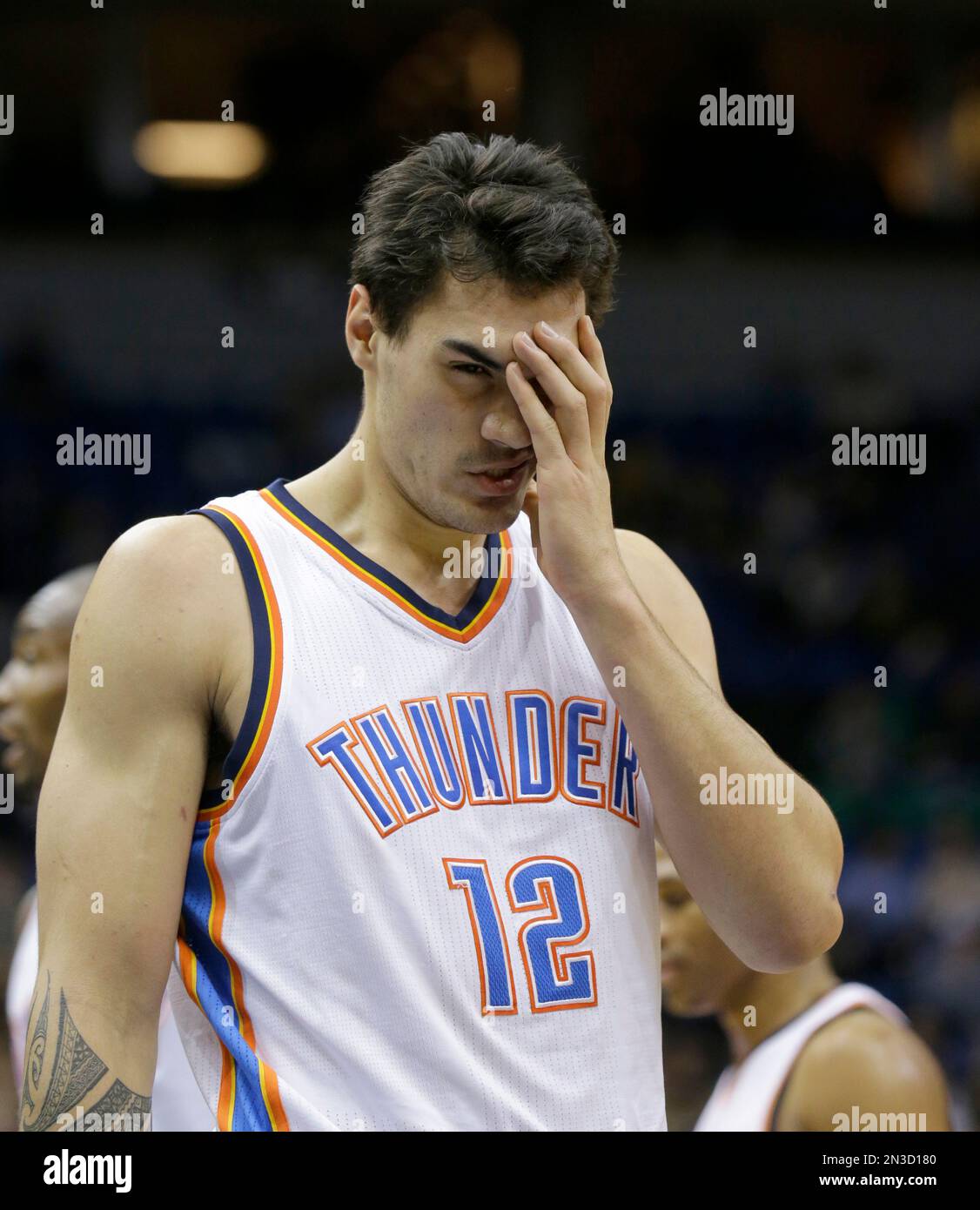 Oklahoma City Thunder center Steven Adams (12), of New Zealand, covers ...