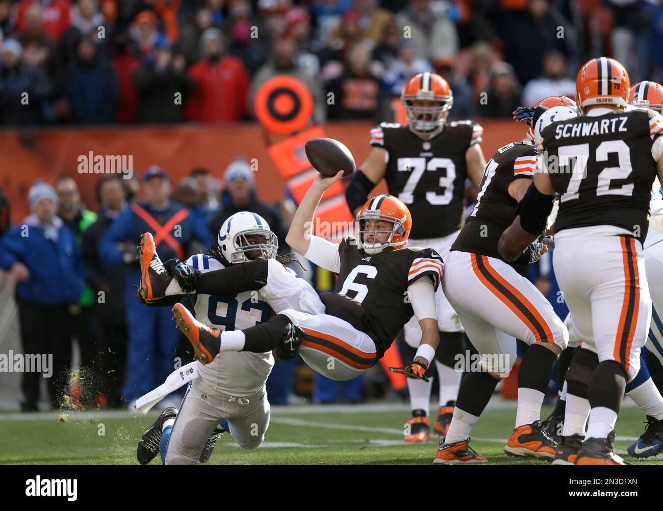 Cleveland Browns quarterback Brian Hoyer (6) is tackled by Indianapolis ...