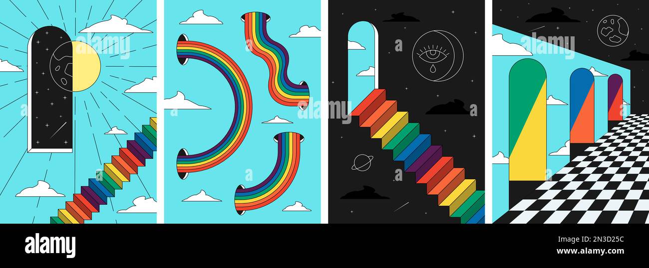 Retro groovy rainbow space stairs art poster set. Hippie style sun and ...