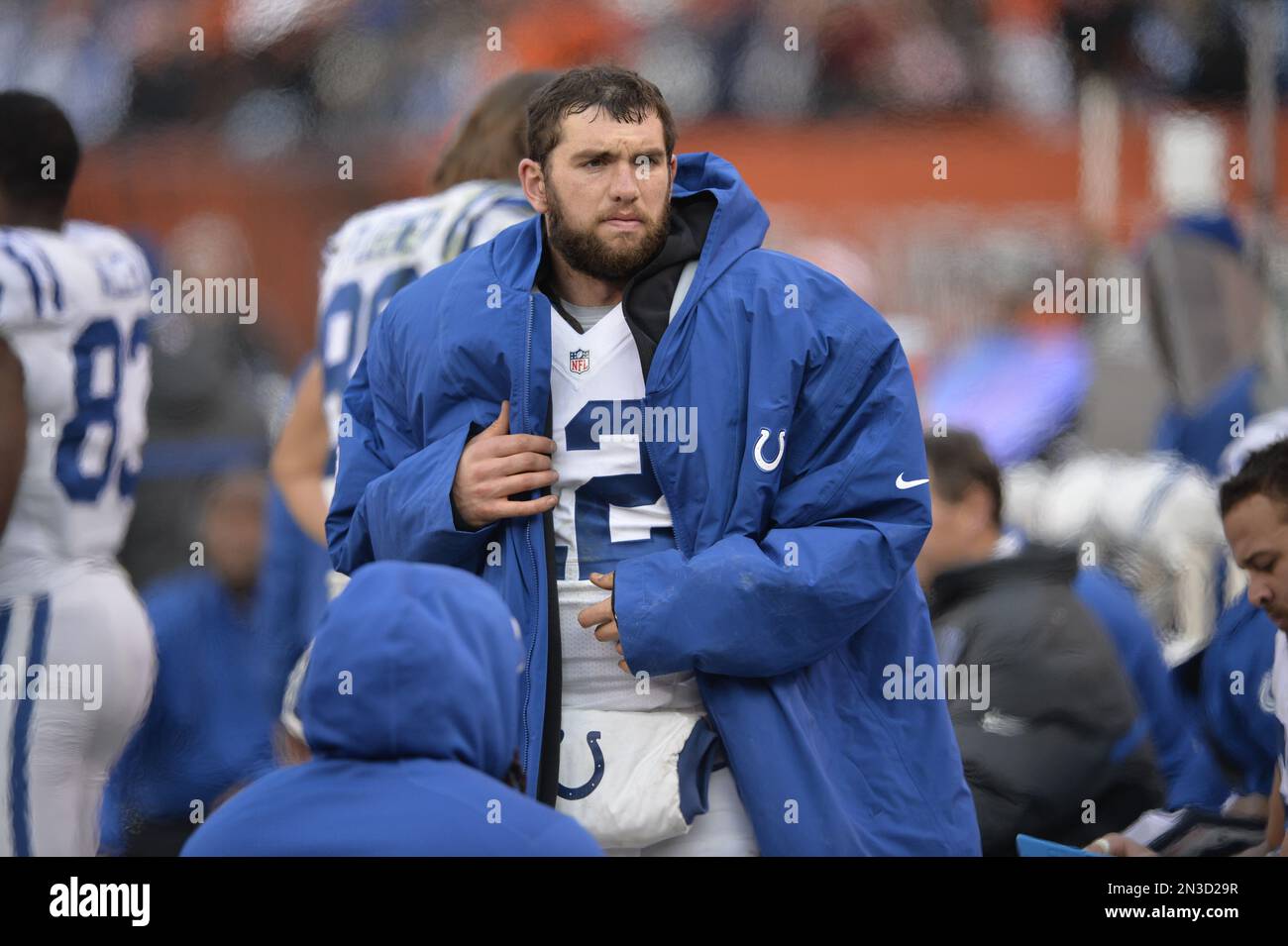 Indianapolis Colts quarterback Andrew Luck looks on from the sidelines ...