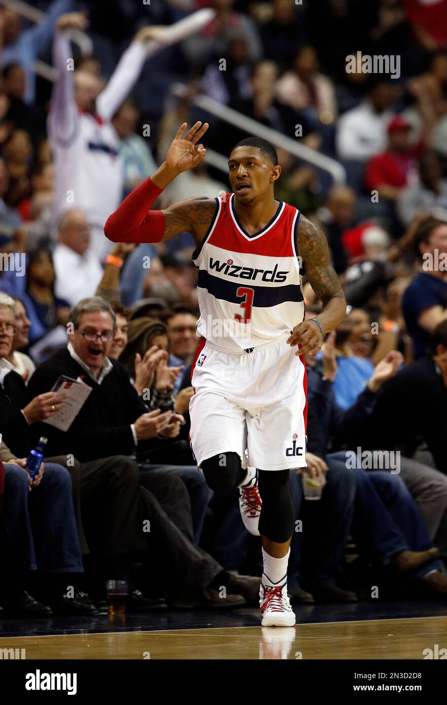 Washington Wizards guard Bradley Beal (3) celebrates his three-point ...