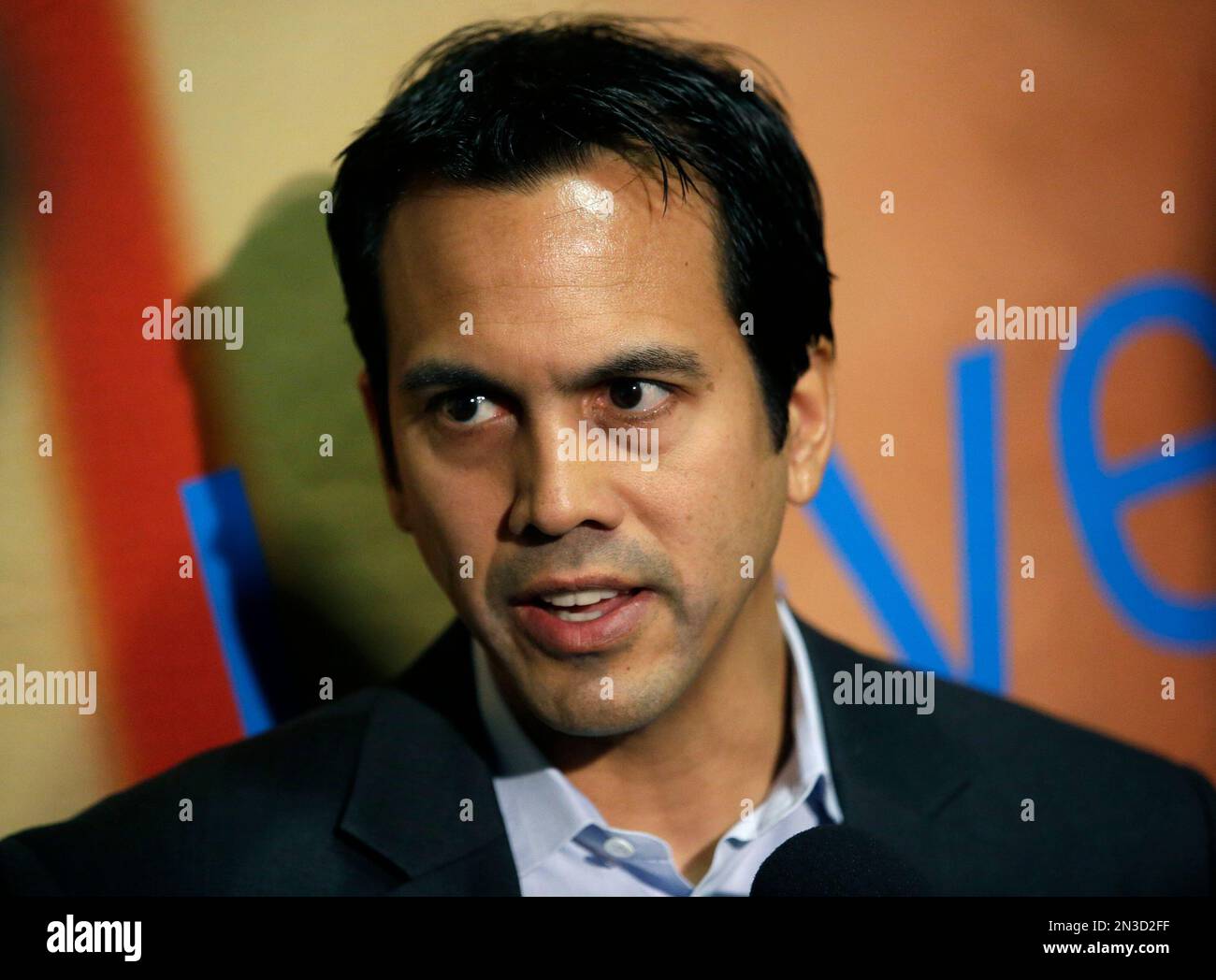 Miami Heat's head coach Erik Spoelstra speaks with reporters during ...