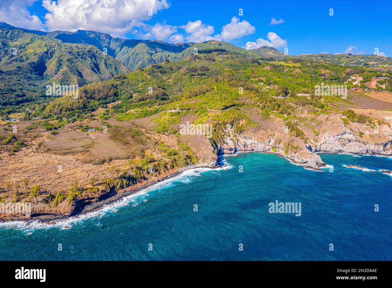 Aerial view of the rugged coastline of Waihee Ridge in the West Maui ...