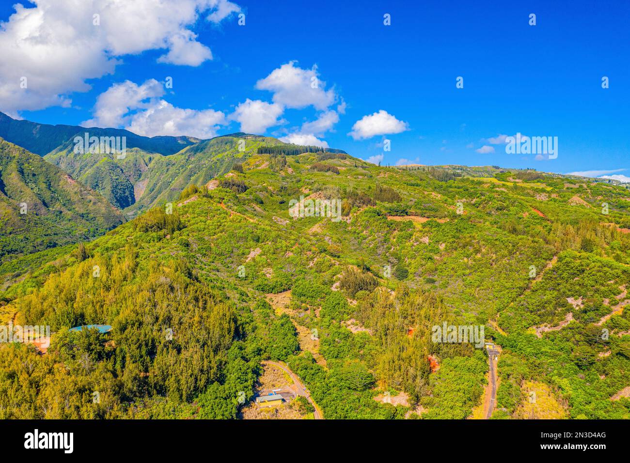 Aerial view of the mountainside and the green vegetation of Waihee ...
