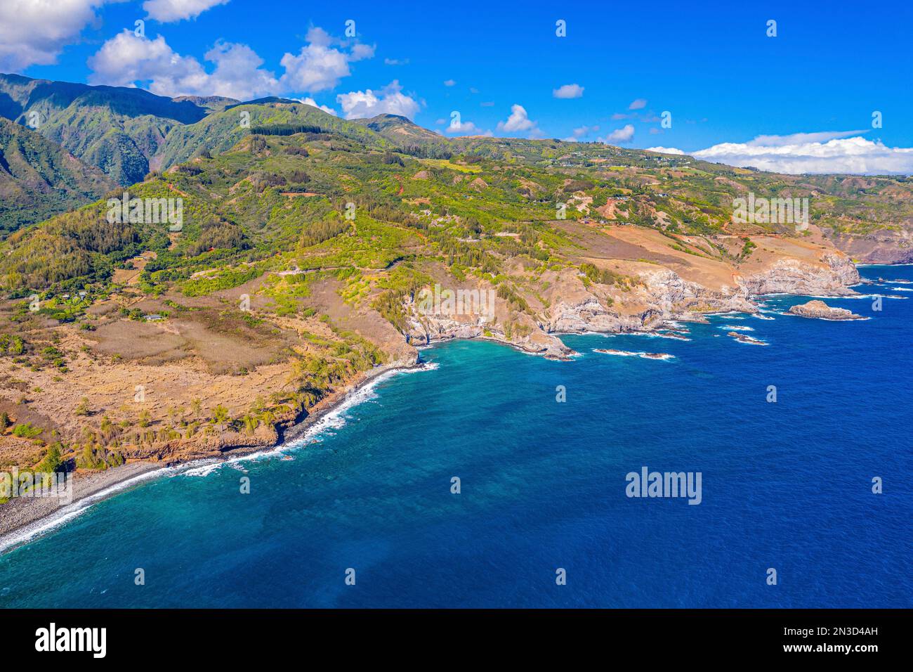 Aerial view of the rugged coastline of Waihee Ridge in the West Maui ...