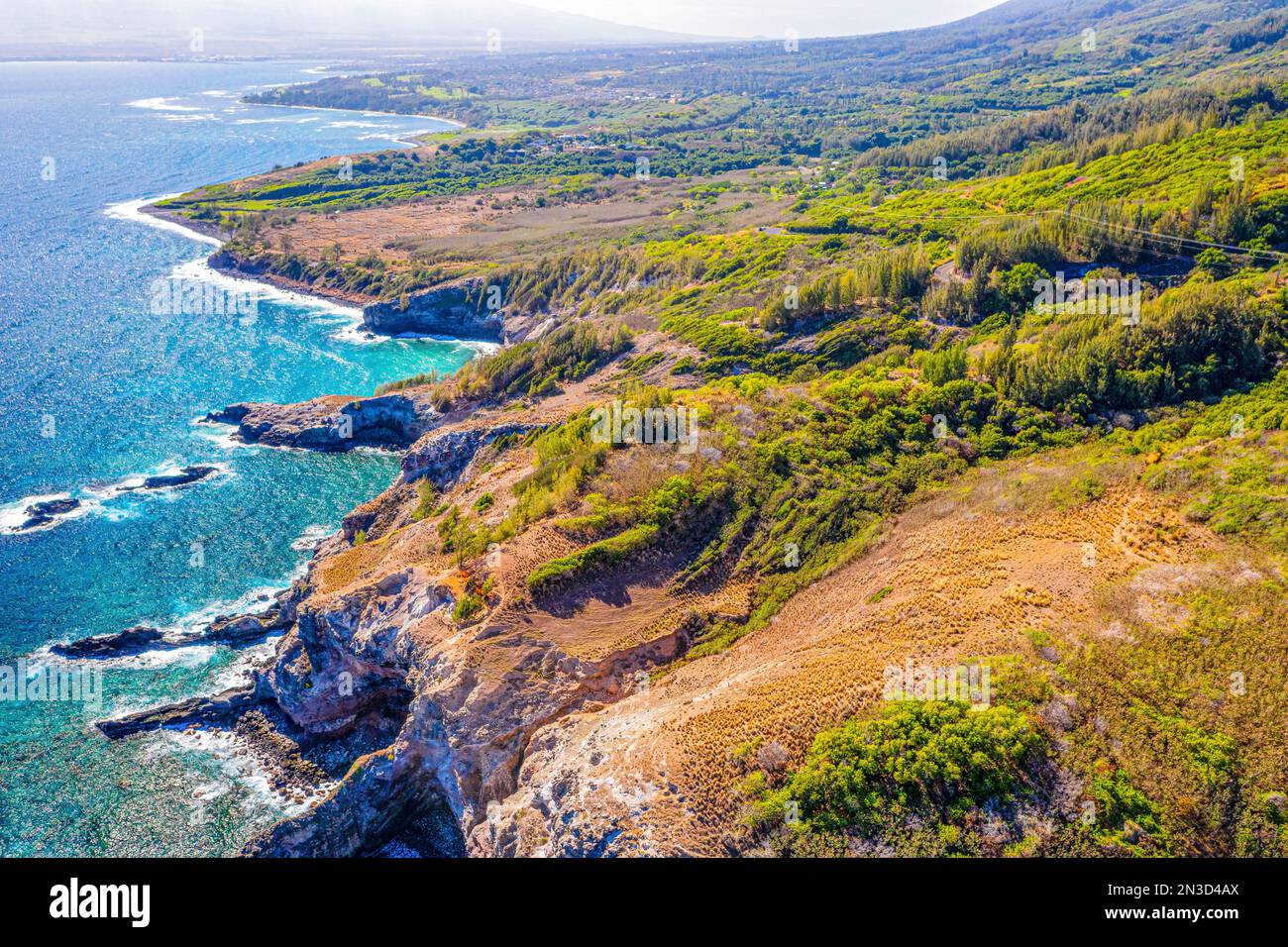 Aerial view of the rugged coastline of Waihee Ridge in the West Maui ...