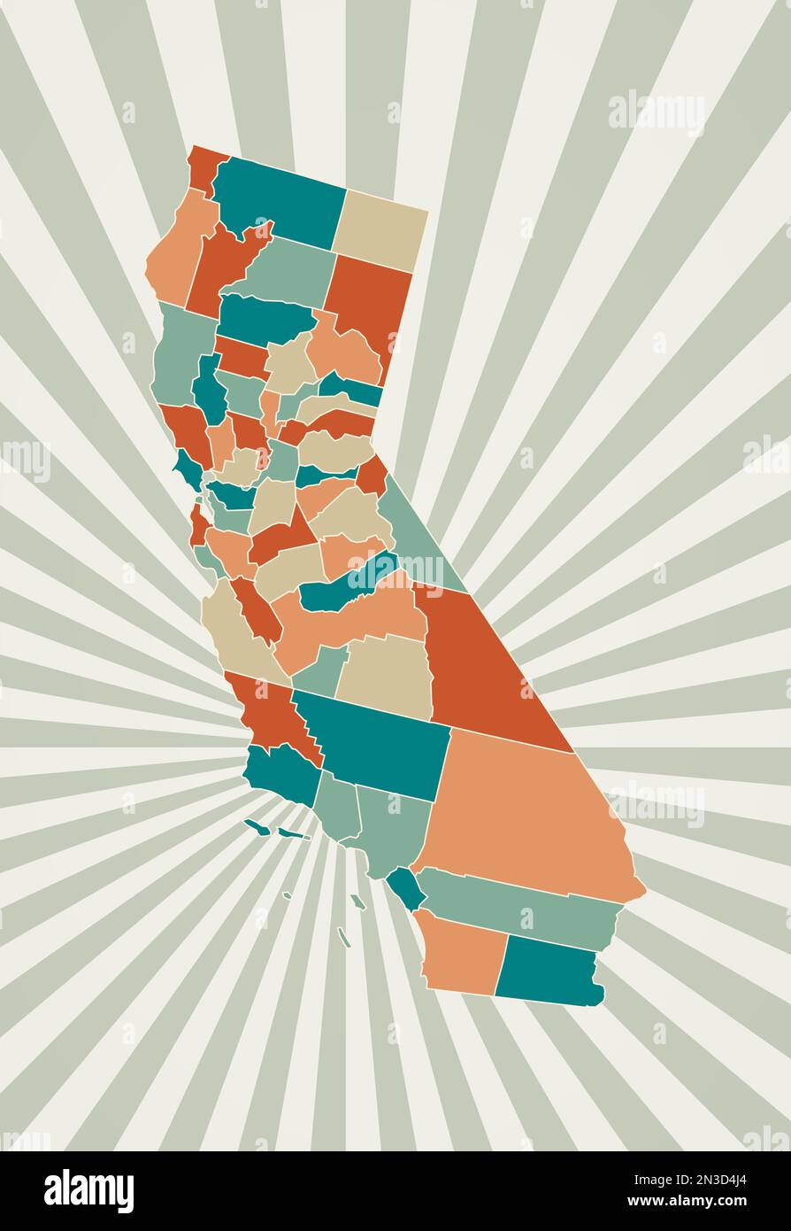 California map. Poster with map of the US state in retro color palette ...